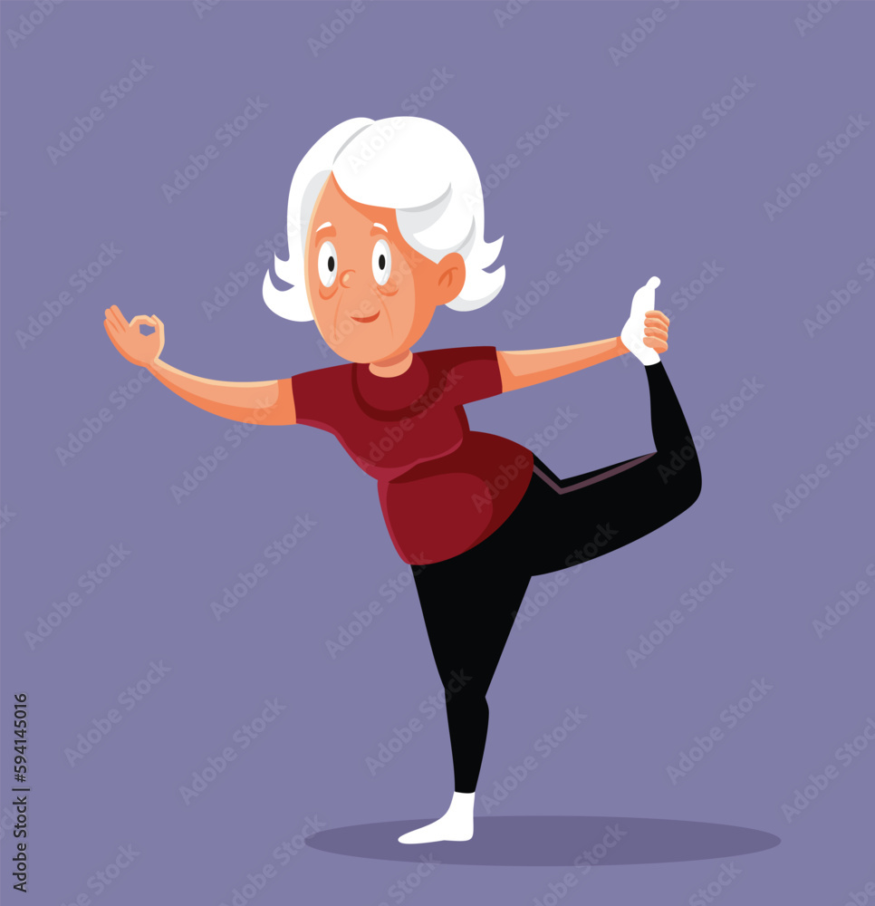 Elderly Older Woman Standing in Yoga Pose Vector Cartoon Character ...