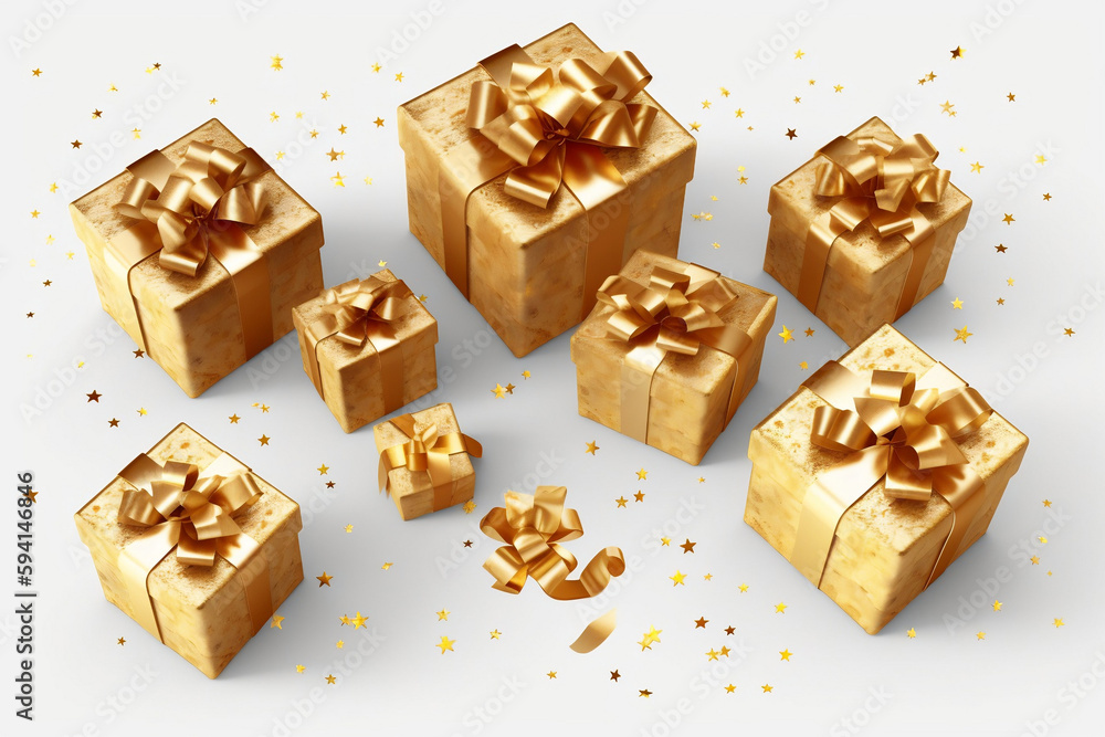 golden gift boxes with bright golden ribbon bow isolated on transparent ...