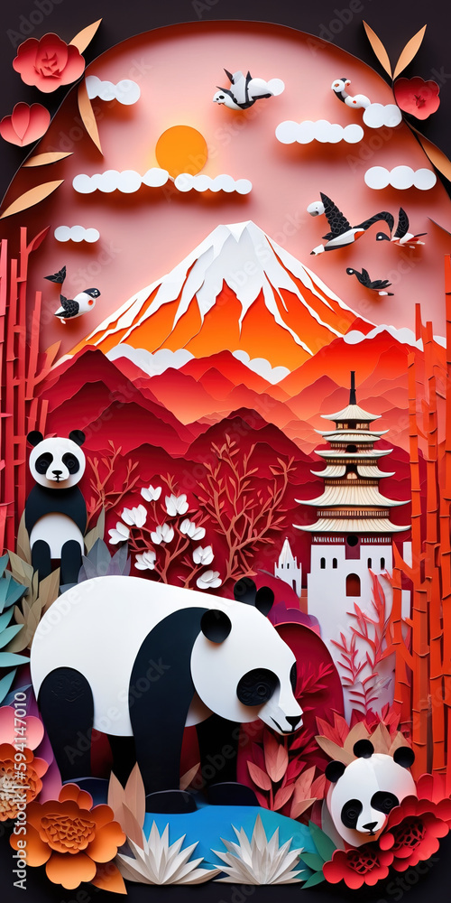 Panda Background Wallpaper. 3D Papercut paper art craft color ...