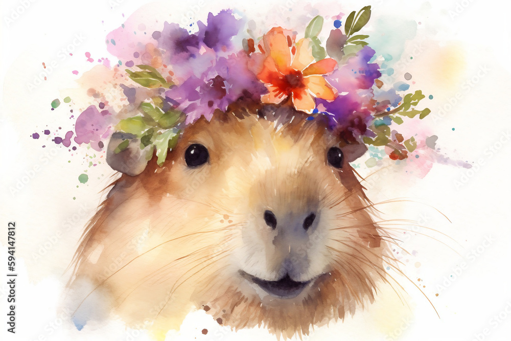 Holliday watercolour illustration with cute capybara with flowers on ...
