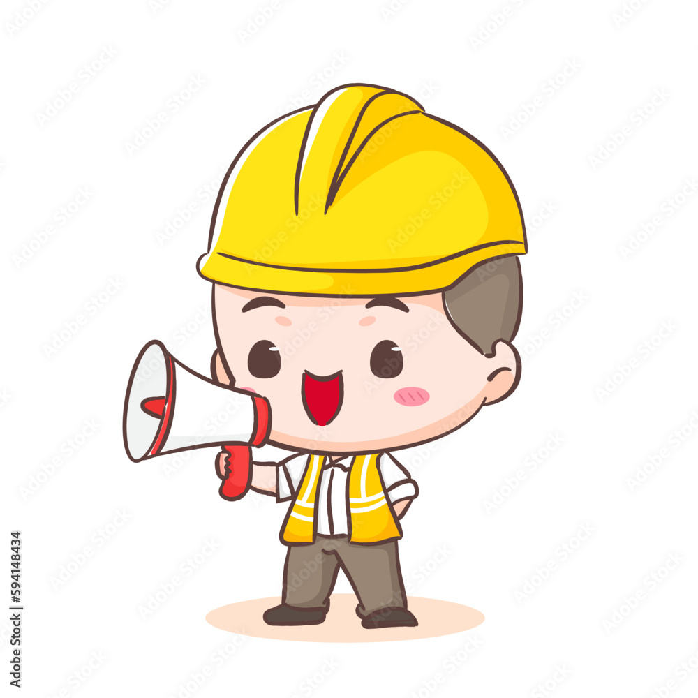 Cute Worker cartoon character holding megaphone. People Concept design ...