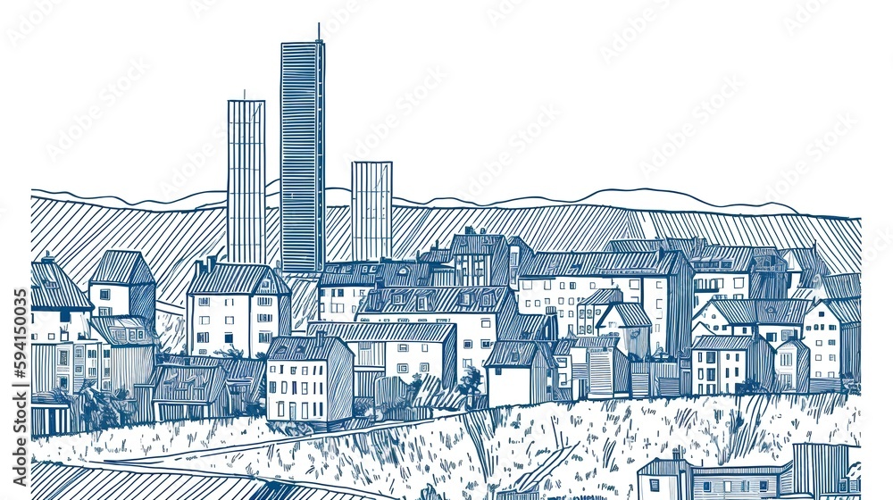 Stylized drawing of vibrant cityscape with buildings, showcasing urban ...