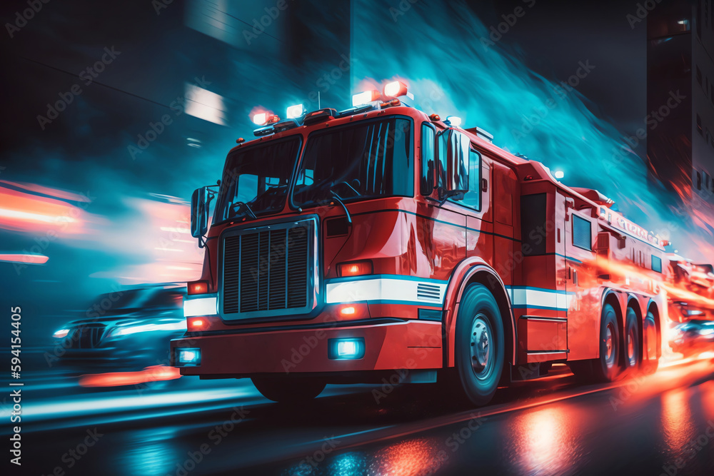 Fire engine driving fast on a road in an emergency. Fire truck with ...