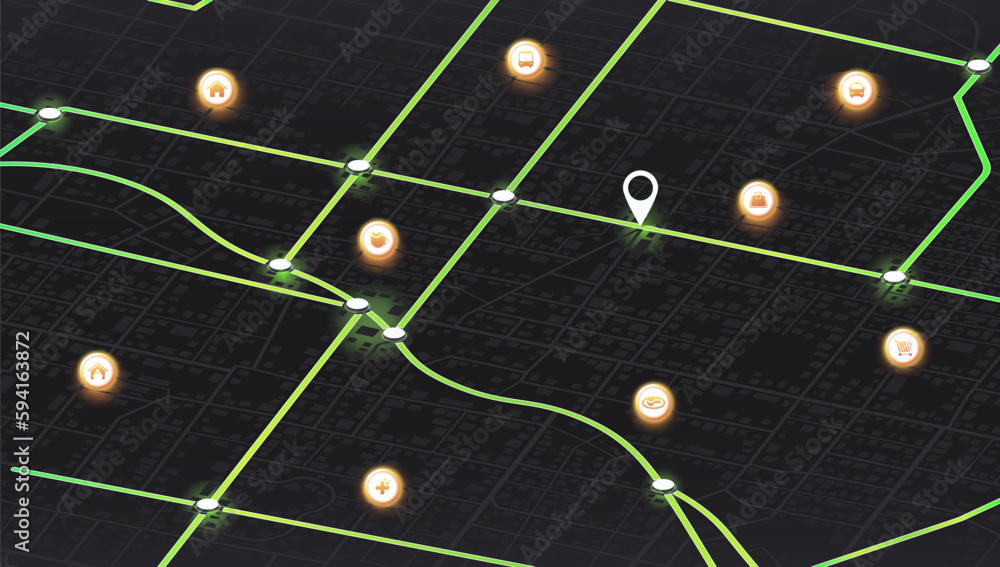 Map mobile app planning travel. Isometric map. City map route, location ...