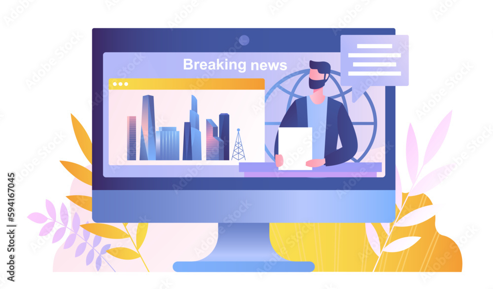 TV news concept. Male presenter with sheets on computer screen ...