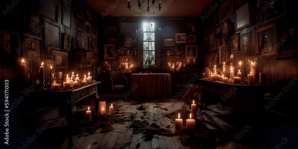 sinister mansion with creepy dolls and portraits lining the walls, with ...