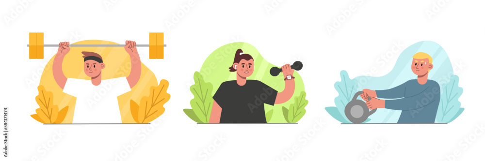 Set of cartoon characters of young people doing sports exercises Stock ...