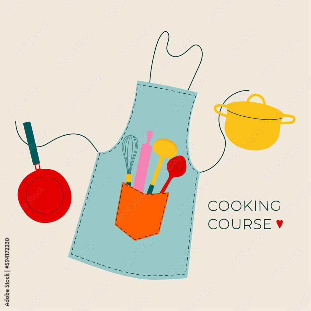 Cooking course. Kitchen tools banner in doodle style. Background with ...