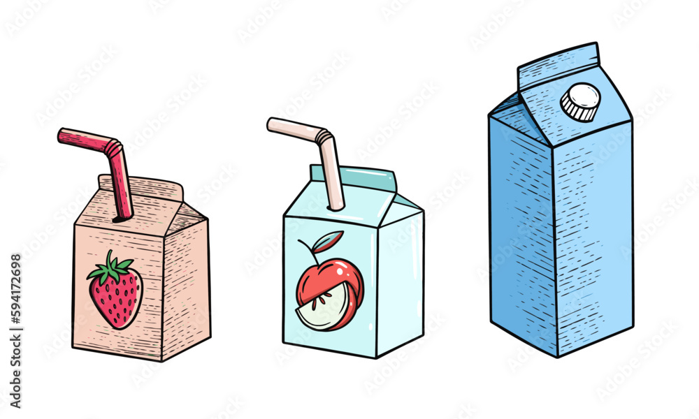 Juice box set cartoon style hand drawn outline sketch colorful vector ...