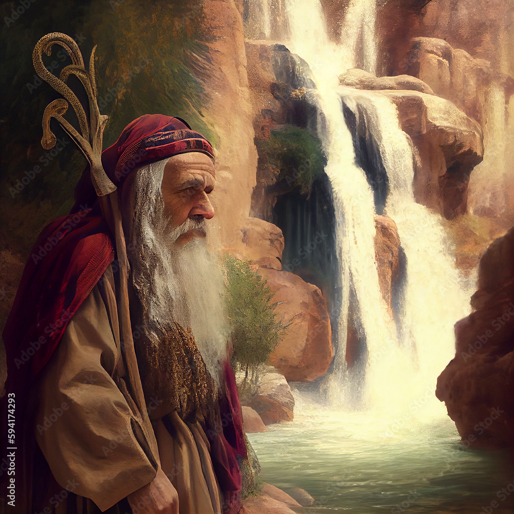 King David hiding at the cave at the Nahal David waterfall in Ein Gedi ...
