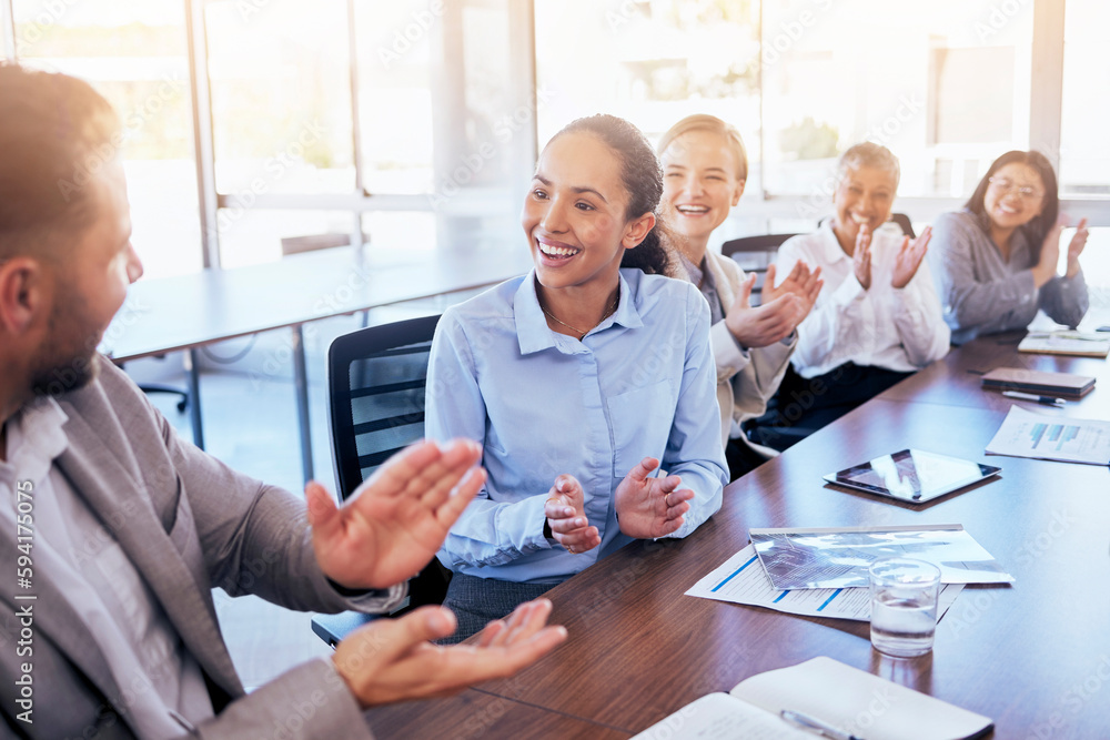 Business people, meeting and applause for winning, teamwork or success ...