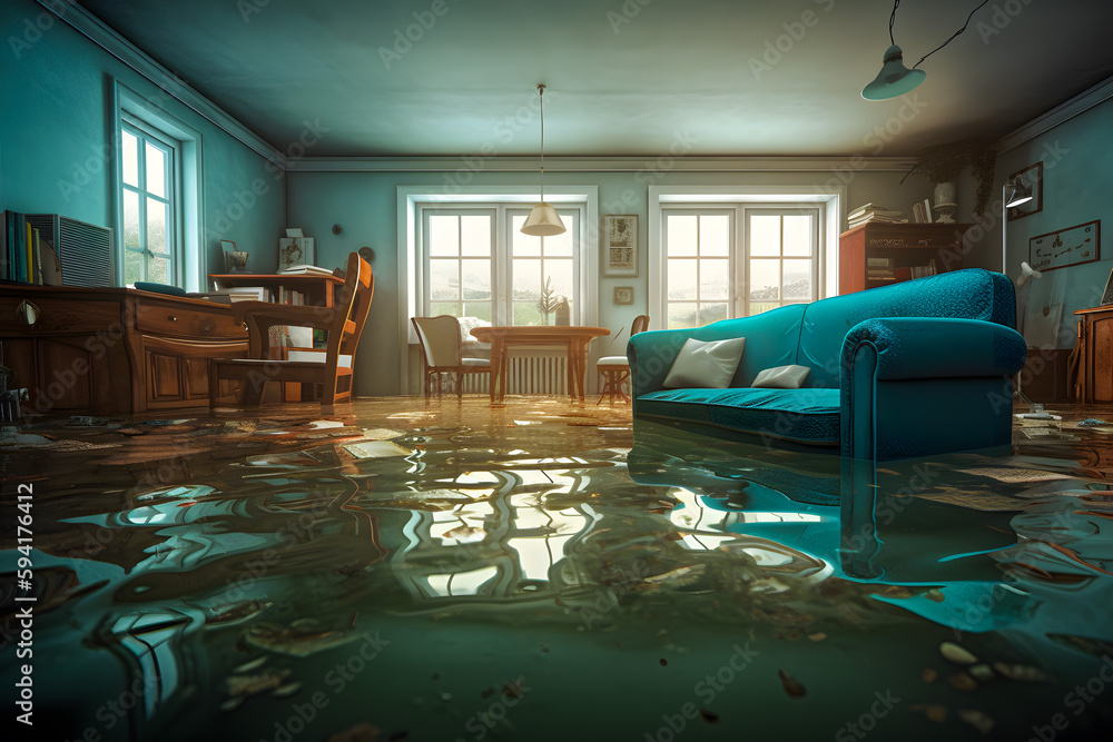 Flooded living room with water in a private house. High water level ...