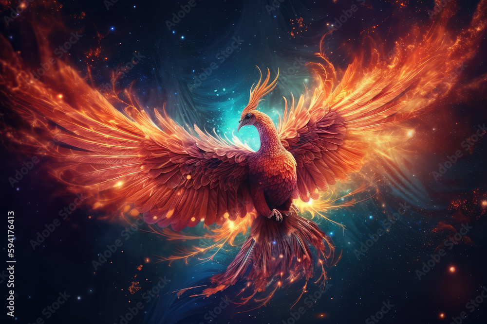 Powerful Epic Legendary Phoenix Spreading Glowing Wing in Universe ...