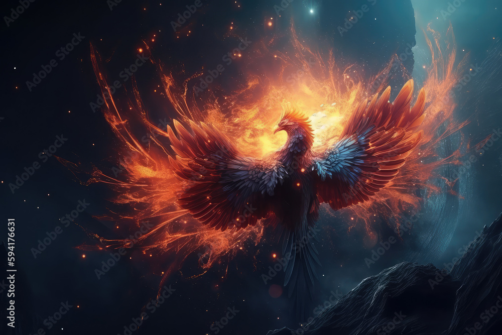 Powerful Epic Legendary Phoenix Spreading Glowing Wing in Universe ...