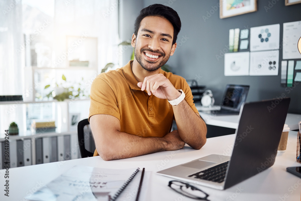 Foto de Smile, confidence and portrait of a man in the office with a laptop working on a ...