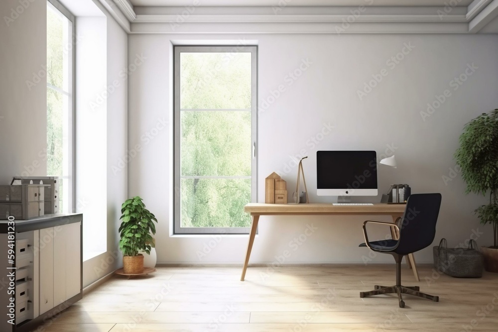 Light office interior with pc computer and panoramic window. Mockup ...