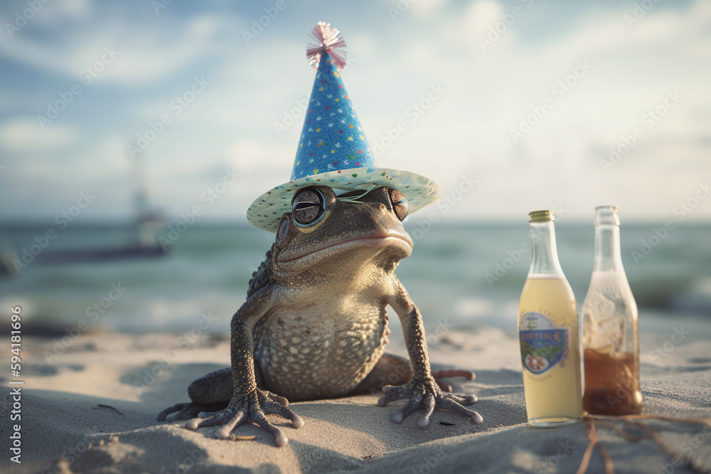 Grenouille fêtant son anniversaire un soir d'été sur une plage » IA ...