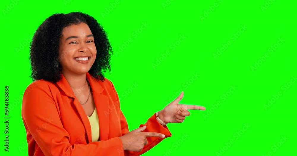Green screen face, finger gun or happy woman point at commercial space ...