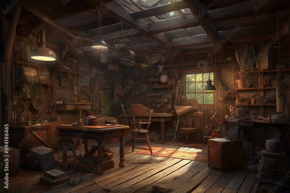 Painting of an old-fashioned leather working workshop depicting a ...