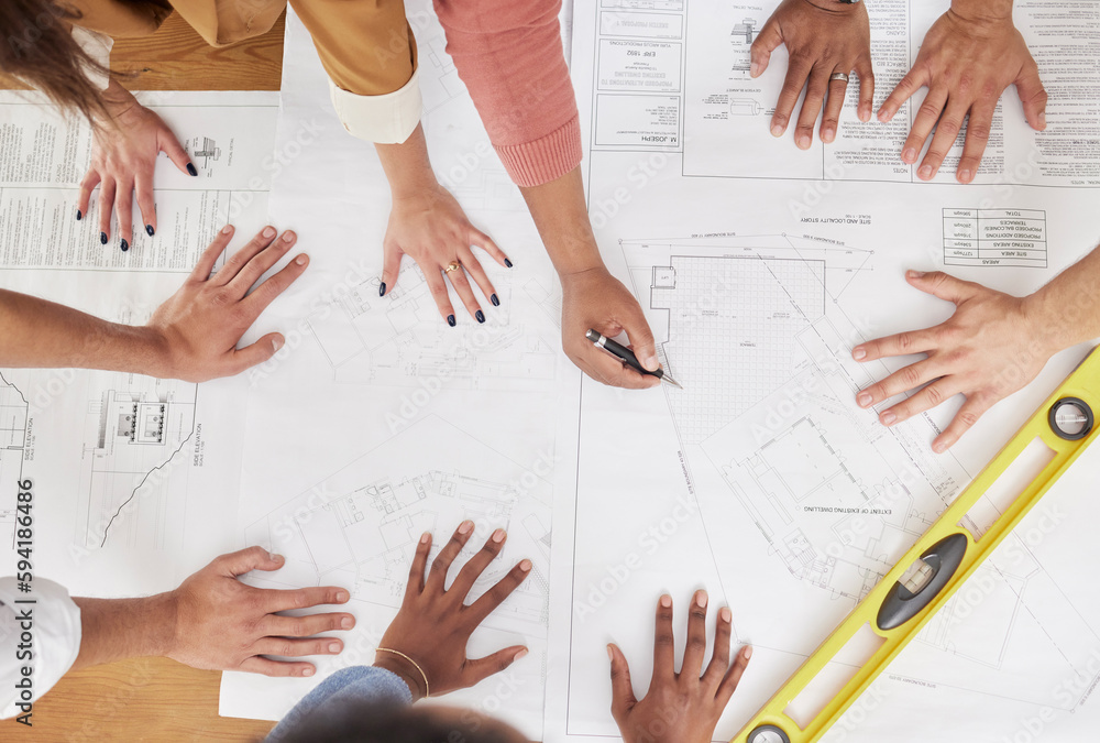 Blueprint, architecture and hands of people drawing for planning, floor ...