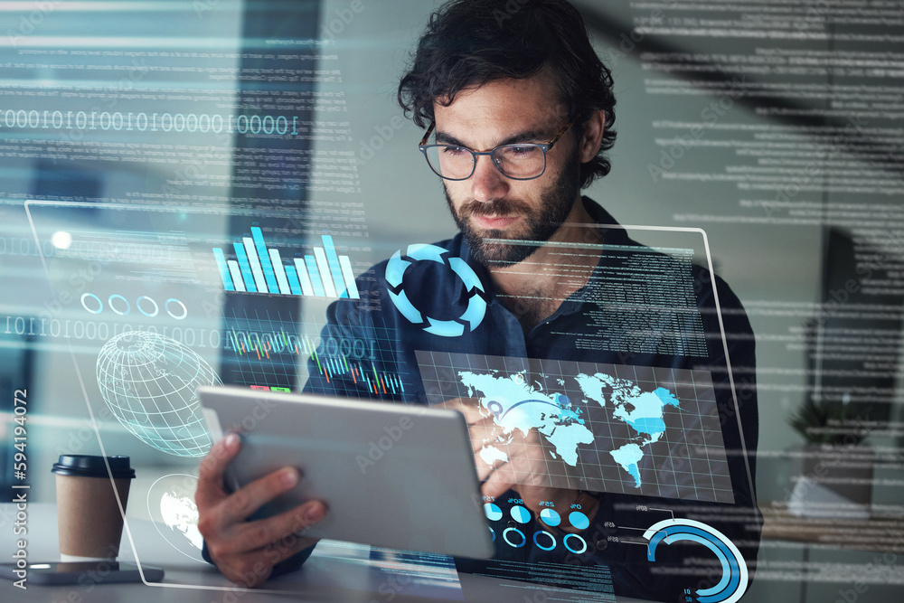 Foto de Business man, data and tablet hologram with digital overlay for ...