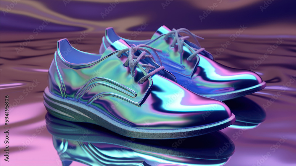 pair of shoes that are made of Liquid Holographic iridescent flud flow ...