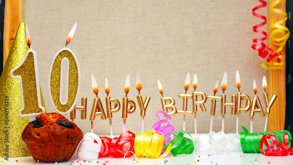 Happy birthday background with golden candles and decorations with ...