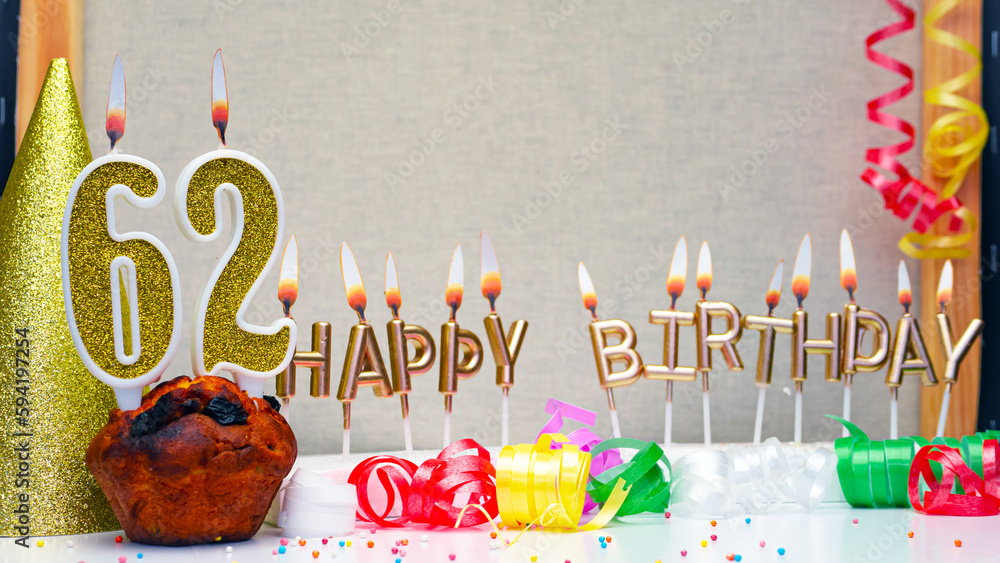 Happy birthday background with golden candles and decorations with ...