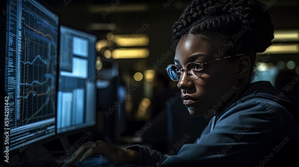 African American woman programmer looking at lines of code on a screen ...