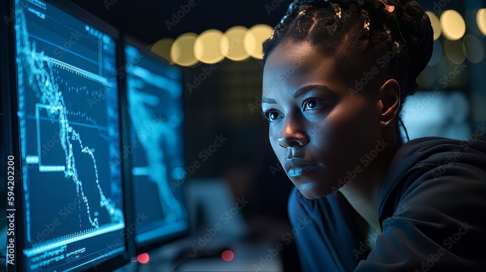 African American woman programmer looking at lines of code on a screen ...