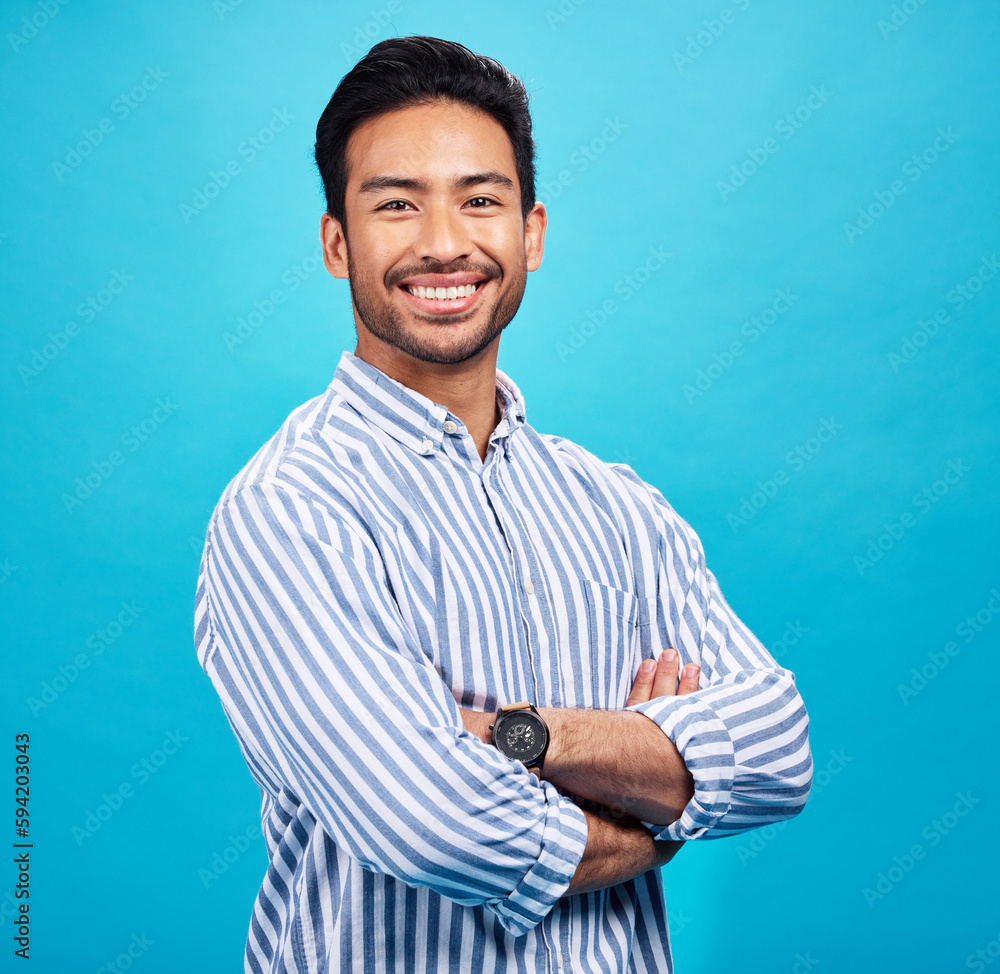 Portrait of happy man in shirt, blue background and positive attitude ...