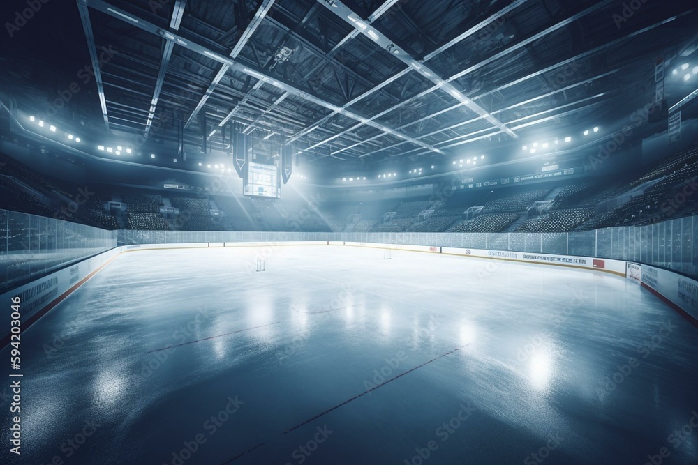empty ice rink arena inside view illuminated by spotlights, hockey and ...