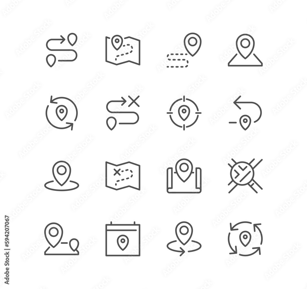Set of route related icons, pin, route map, navigator, direction and ...