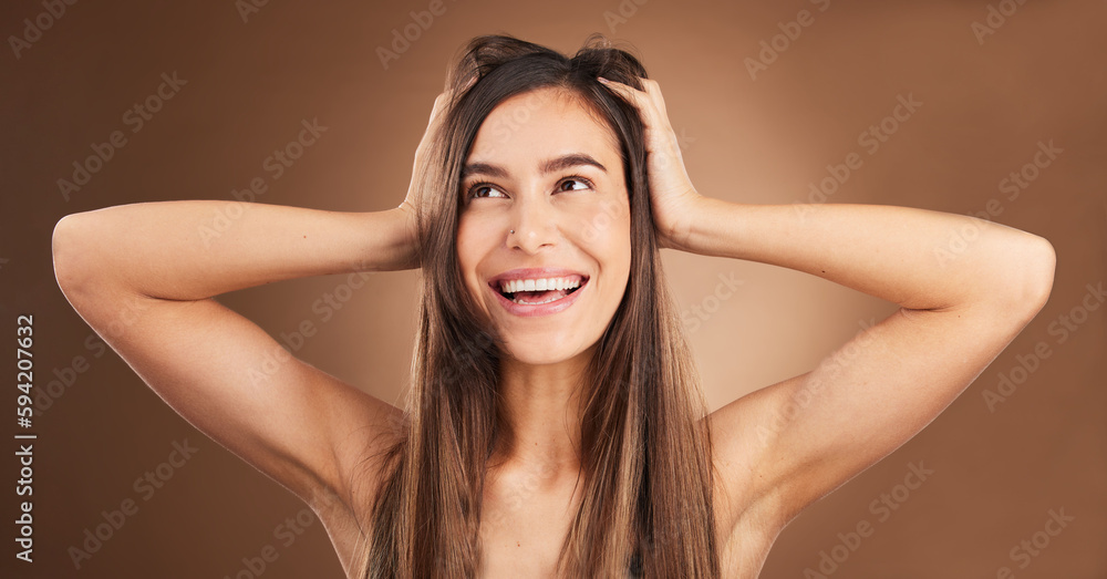 Beauty, touch and woman with hair care, smile and confident lady ...