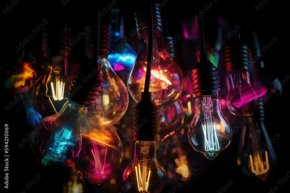Colorful, varied lightbulbs on a black background, creating a modern ...