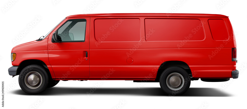 Classic American red cargo van. Side view on a transparent background ...