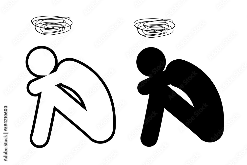 Sad man sitting. Depression icon concept isolated on white background ...