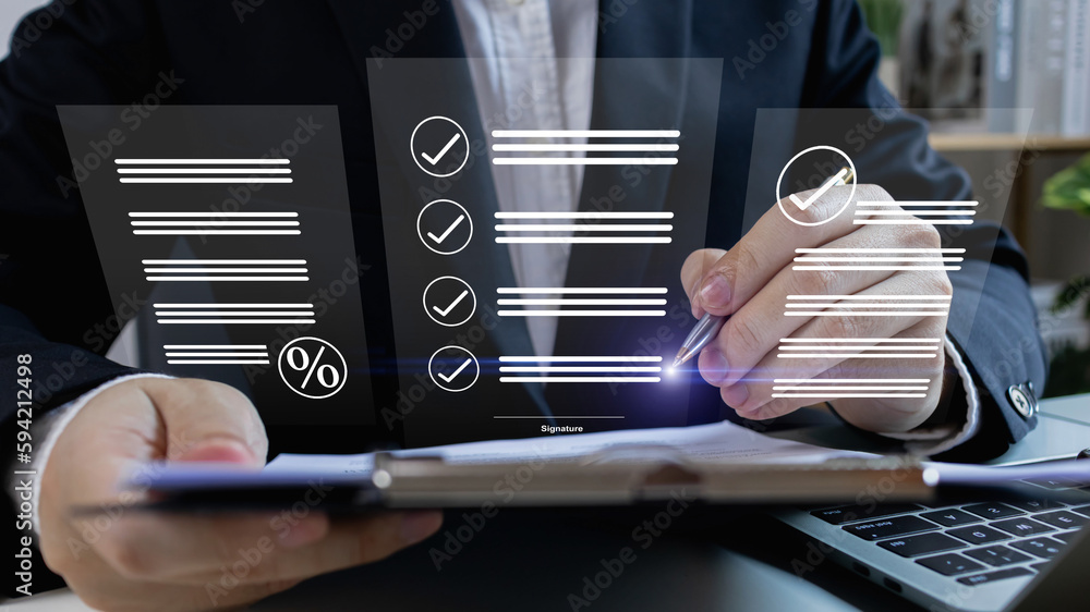Signature to approval certificate contract concept. Businessman tick ...