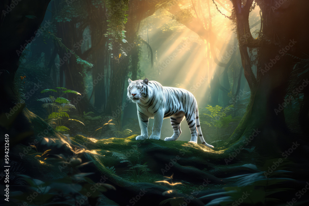 glowing white tiger in a fantasy forest, generative AI Stock ...
