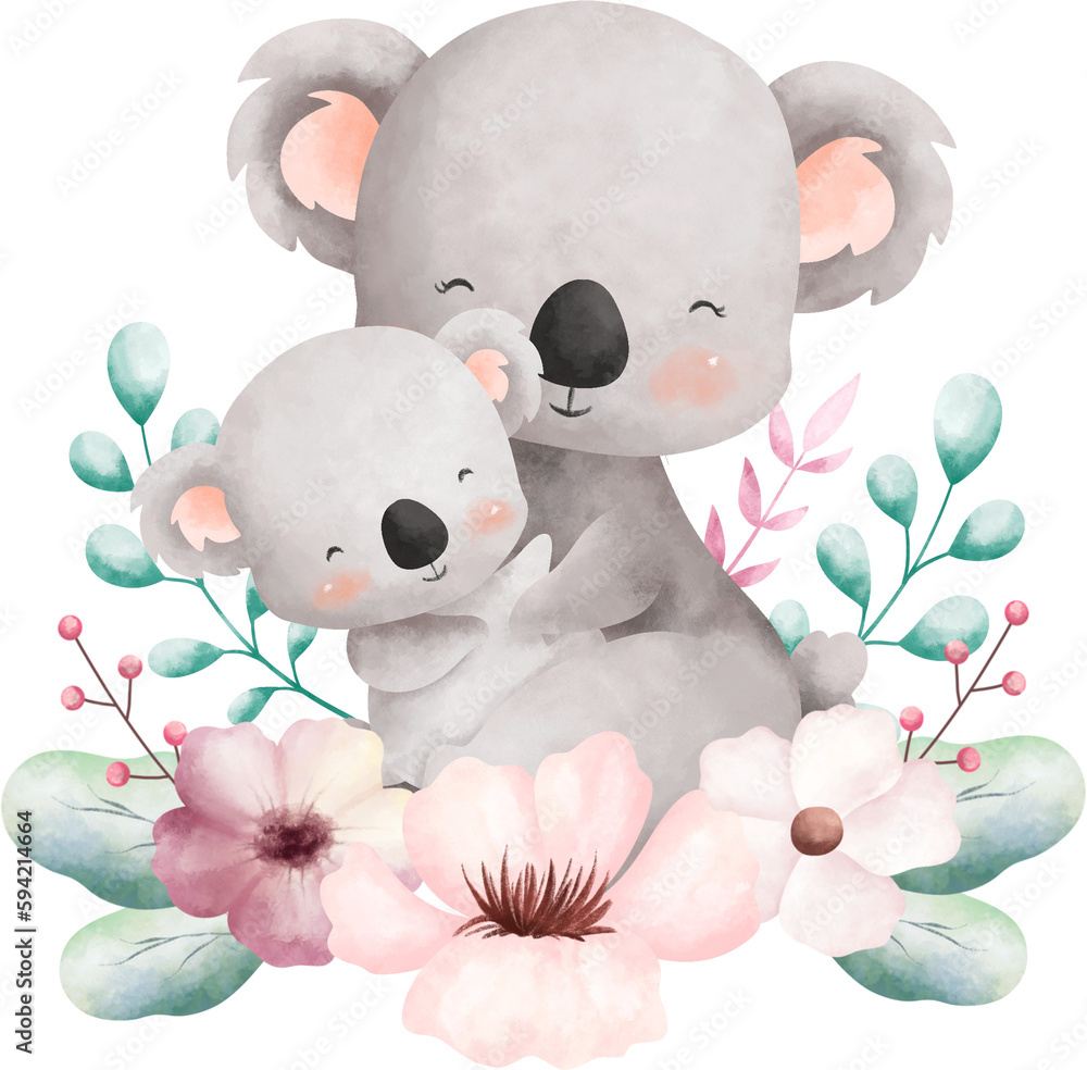 Watercolor illustration mom and baby koala with flower wreath Stock ...