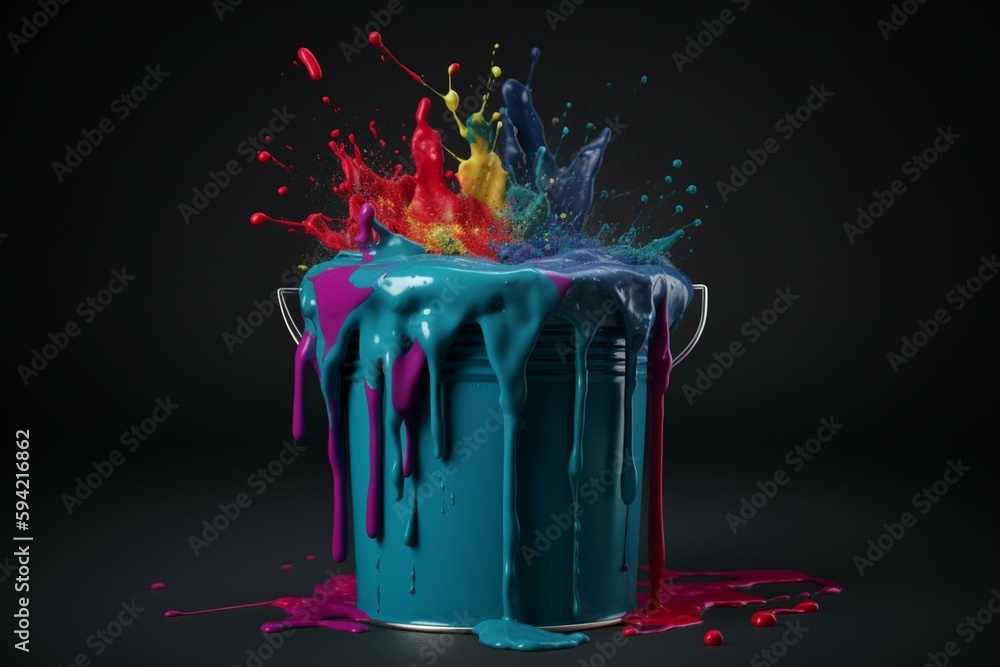 Generative AI, blue paint bucket filled with multi colored paint which ...