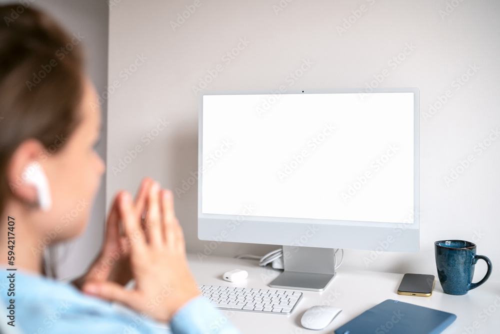 Blank screen of computer monitor and woman looking at screen. Stock ...