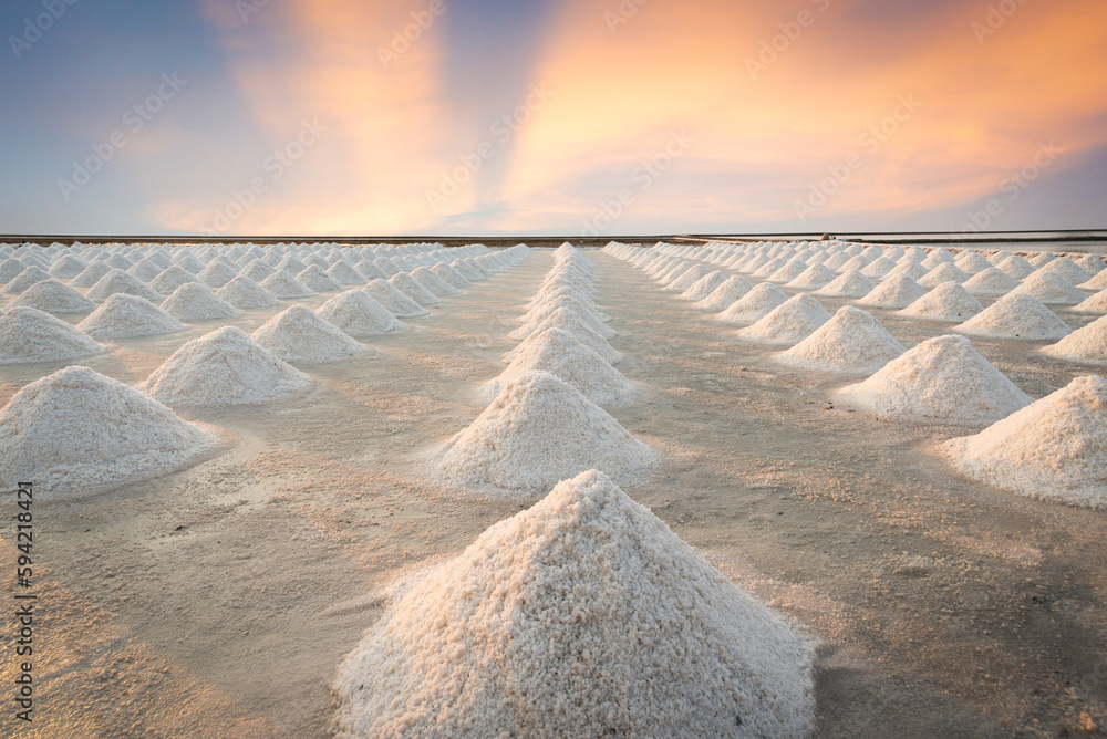 Sea salt pile pyramid ready for harvest in salt farm. Sea salt is salt ...