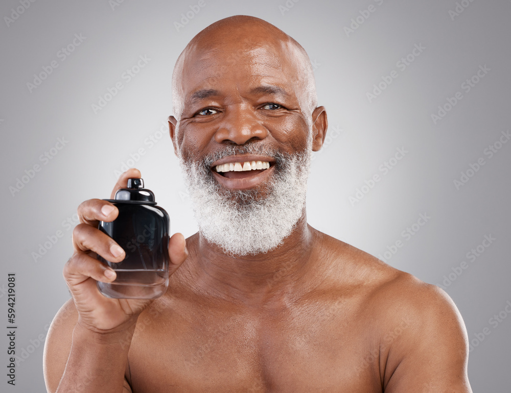 Perfume, smile and portrait of senior black man model feeling happy and ...