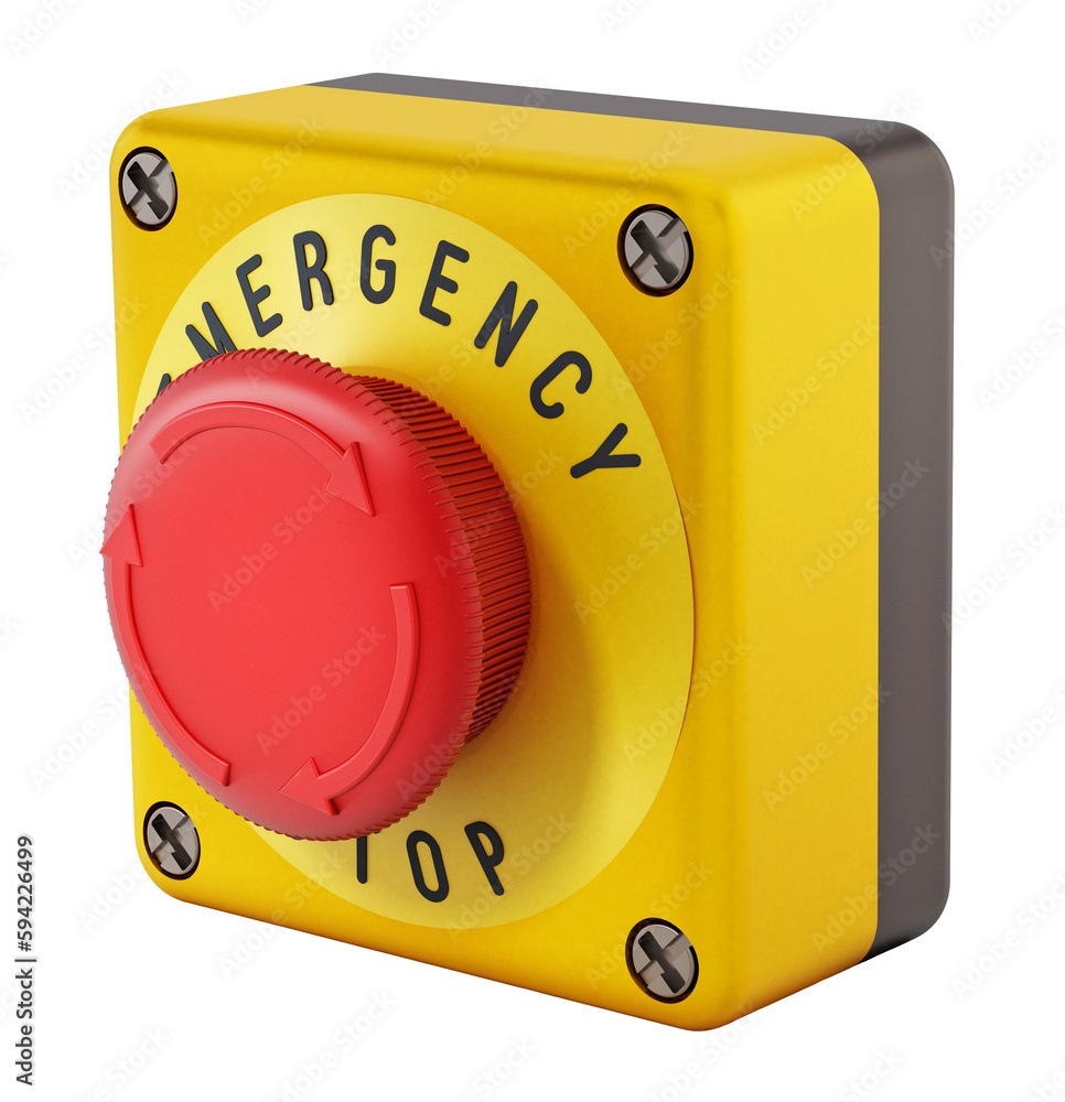 Emergency stop button isolated on transparent background. 3D ...