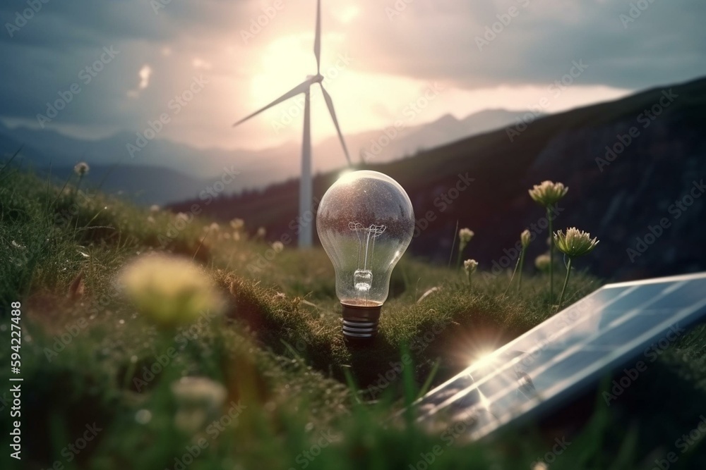 concept idea clean energy in nature. lightbulb with solar panel and ...