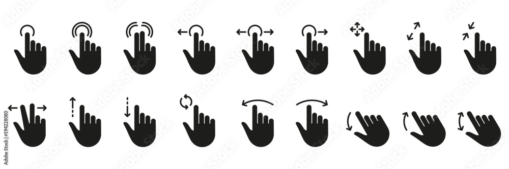 Hand Finger Touch, Swipe and Drag Silhouette Icon Set. Gesture Slide ...