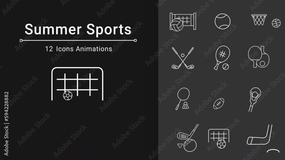 Summer sports white line animations. Summertime activities. Team and ...