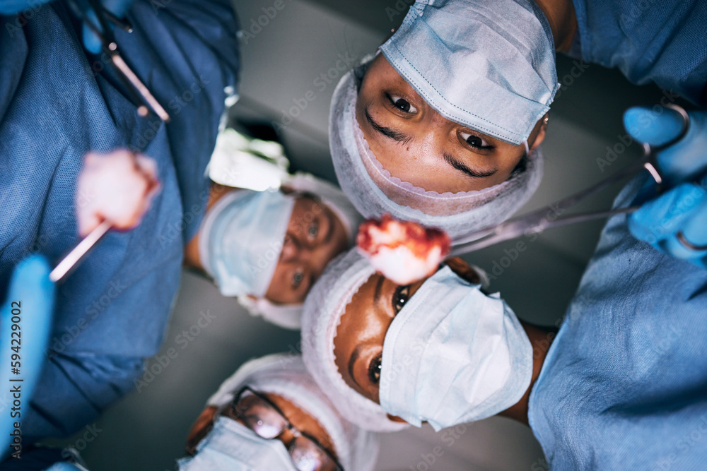 Medical, surgery and pov of doctors in operating room for emergency ...