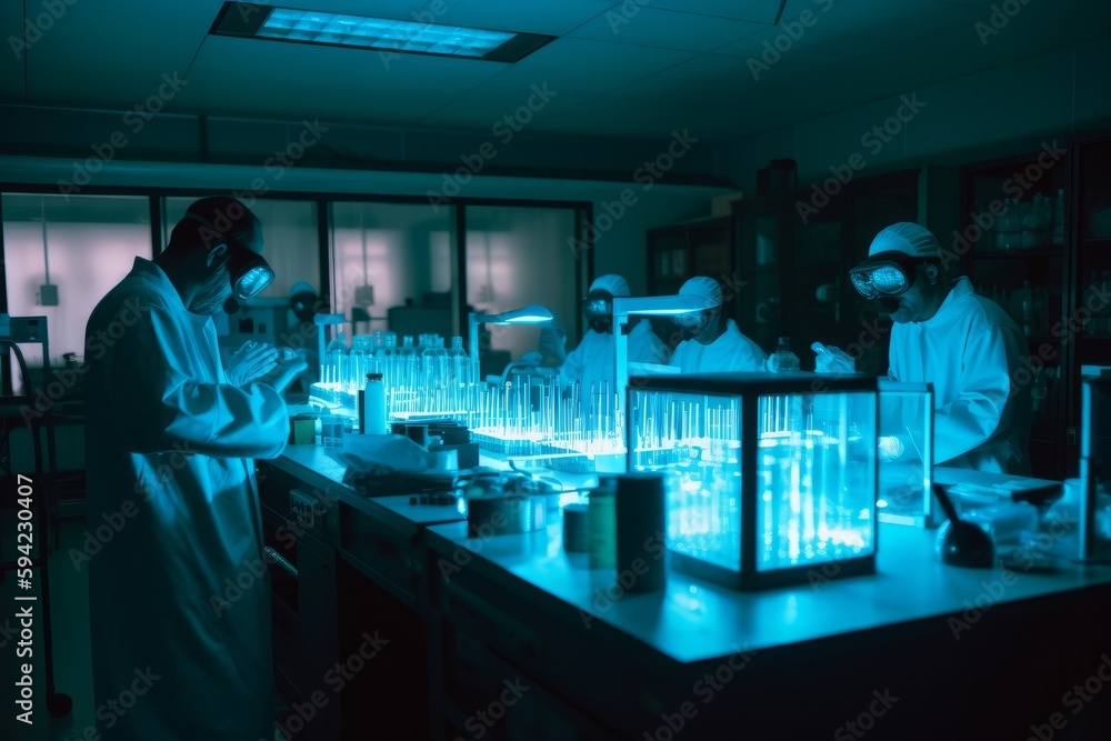 Laboratory with rows of scientists in protective gear conducting ...